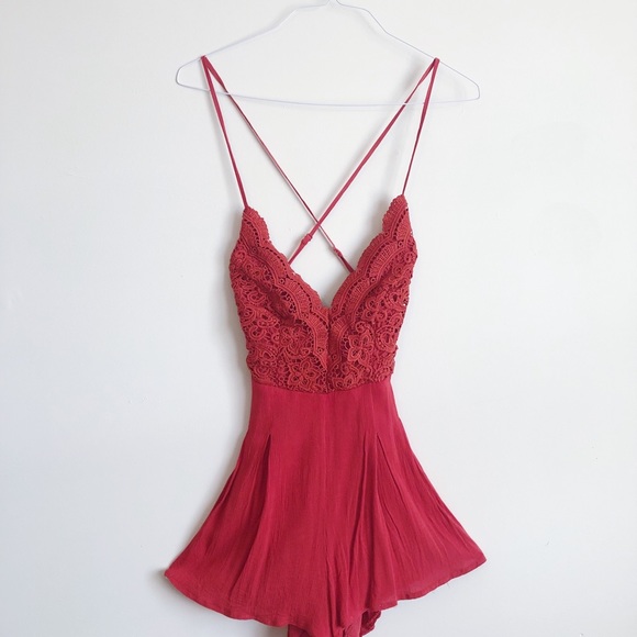 Lulus | Pants & Jumpsuits | Lulus Backless Red Lace Romper | Poshmark